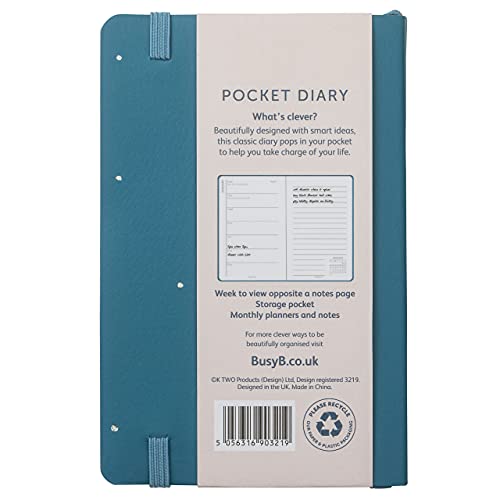 Busy B Pocket Diary January to December 2022 - Teal Faux Leather Week to View Planner with Notes and Pocket Grey