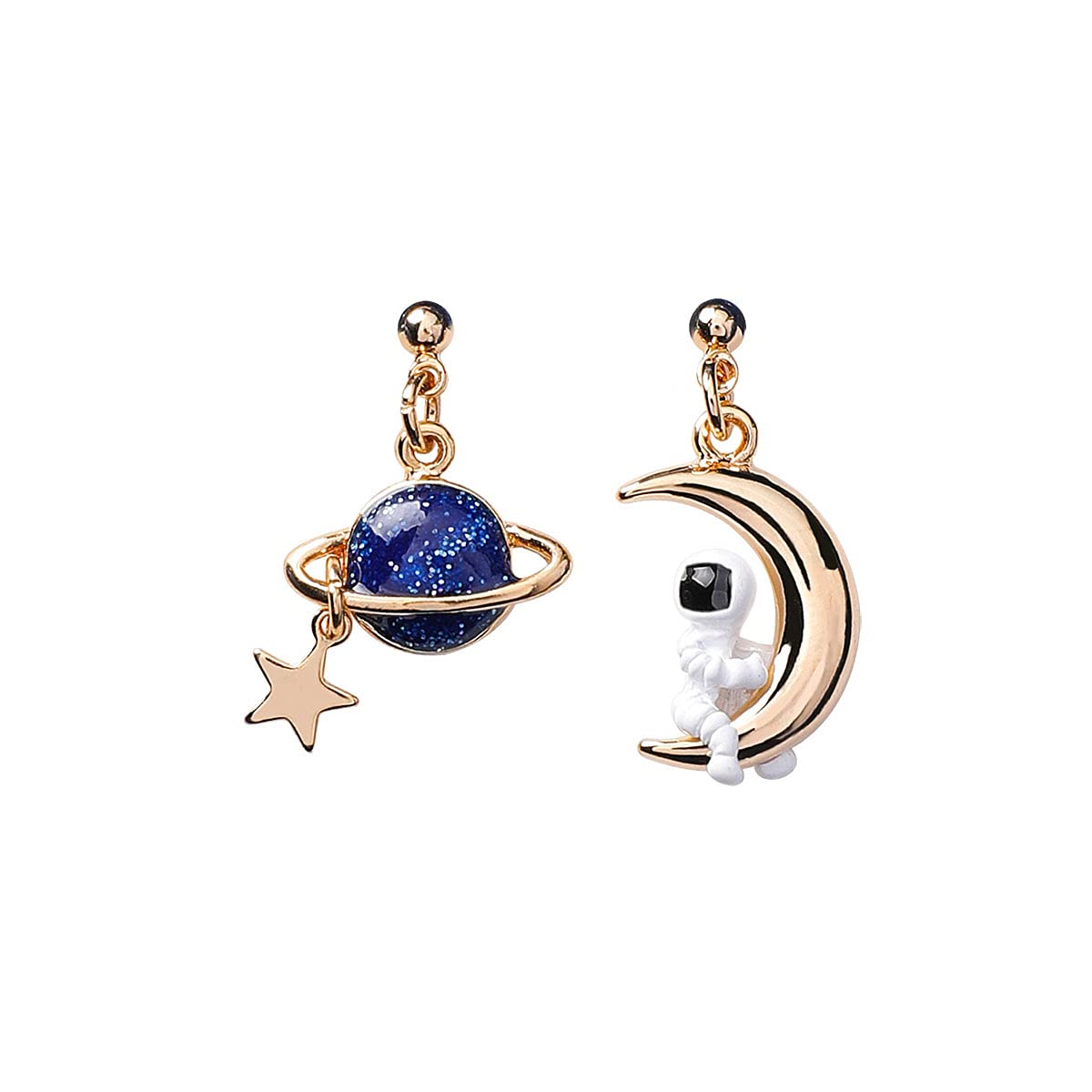 Creative Cartoon Astronaut Stud Earrings Asymmetric Spaceman Star Moon Drop Earrings Cute Blue White 3D Astronaut Planet Charm Jewelry for Women (Blue)