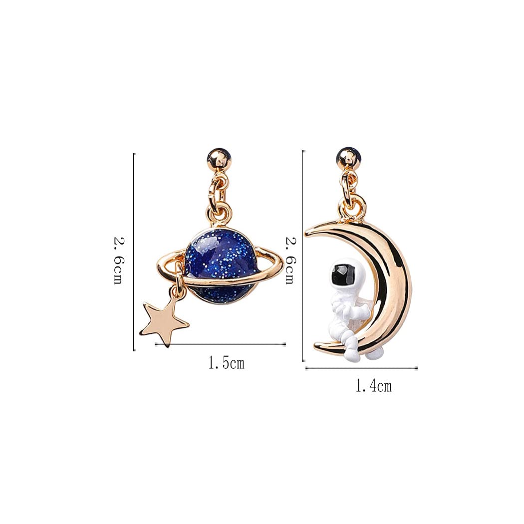 Creative Cartoon Astronaut Stud Earrings Asymmetric Spaceman Star Moon Drop Earrings Cute Blue White 3D Astronaut Planet Charm Jewelry for Women (Blue)