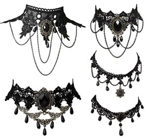 ghloyza halloween choker gothic black lace necklaces statement choker necklace halloween cosplay party 5pcs elegant sexy retro necklace for women (5pcs)