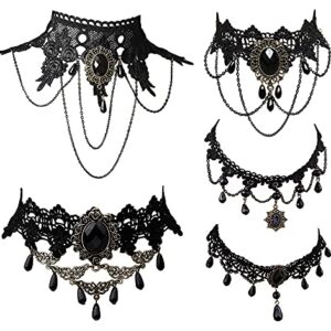 Ghloyza Halloween Choker Gothic Black Lace Necklaces Statement Choker Necklace Halloween Cosplay Party 5PCS Elegant Sexy Retro Necklace for Women (5PCs)