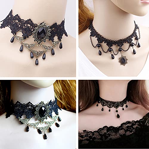 Ghloyza Halloween Choker Gothic Black Lace Necklaces Statement Choker Necklace Halloween Cosplay Party 5PCS Elegant Sexy Retro Necklace for Women (5PCs)