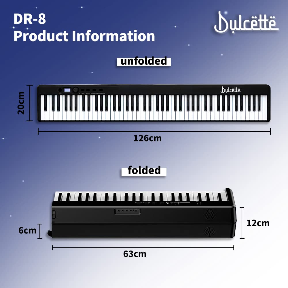 Dulcette *NEW* Foldable Electric Piano Keyboard | 88 Keys Portable Keyboard | Semi-Weighted Touch Sensitive Keys | MIDI & Dual Speakers Sustain Pedal | Digital Piano FREE Bag (Black)