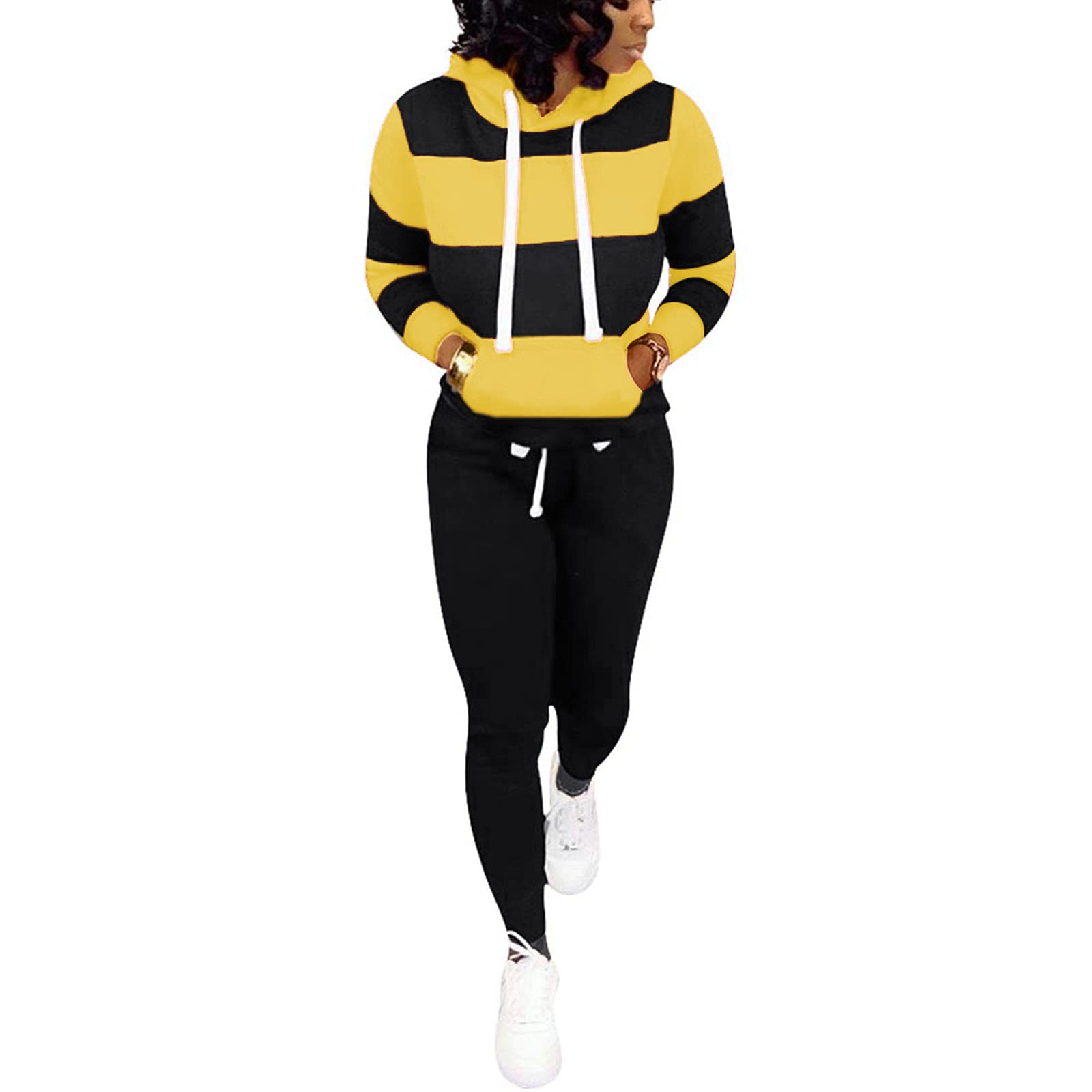 Runwind Two Piece Outfits for Women - Hoodie 4 Piece Jogging Suits with Pockets Yellow Large