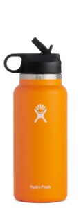 hydro flask 32 oz wide mouth with straw lid stainless steel reusable water bottle clementine - vacuum insulated, dishwasher safe, bpa-free, non-toxic