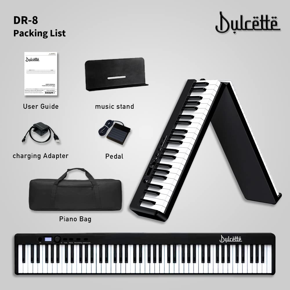 Dulcette *NEW* Foldable Electric Piano Keyboard | 88 Keys Portable Keyboard | Semi-Weighted Touch Sensitive Keys | MIDI & Dual Speakers Sustain Pedal | Digital Piano FREE Bag (Black)