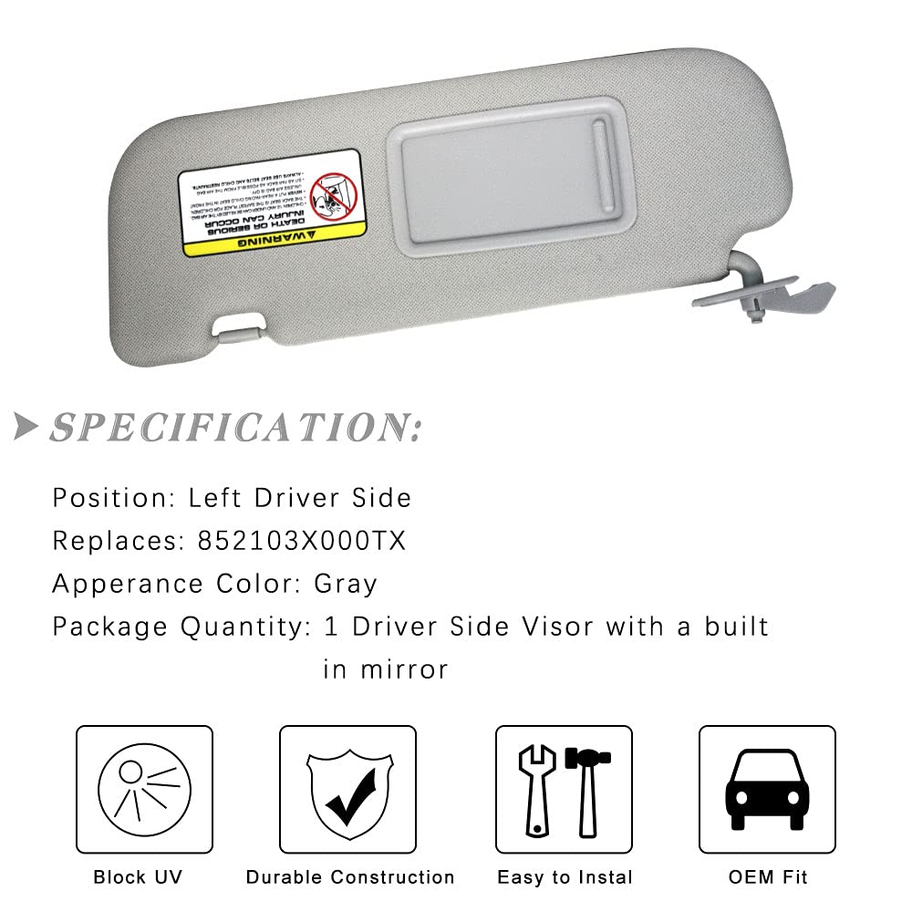 Left Driver Side Sun Visor Replacement for Hyundai Elantra 2011 2012 2013 2014 Avante MD Replaces # 852103X000TX (Grey)