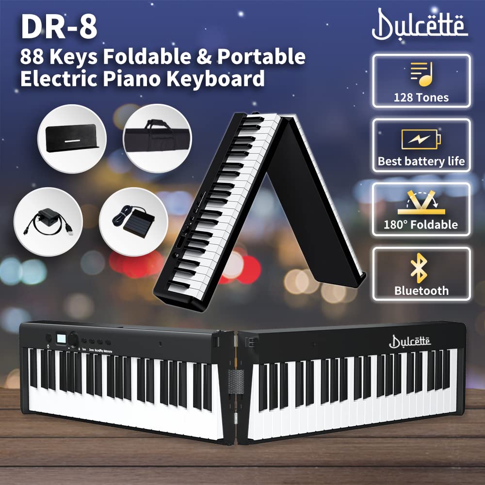 Dulcette *NEW* Foldable Electric Piano Keyboard | 88 Keys Portable Keyboard | Semi-Weighted Touch Sensitive Keys | MIDI & Dual Speakers Sustain Pedal | Digital Piano FREE Bag (Black)