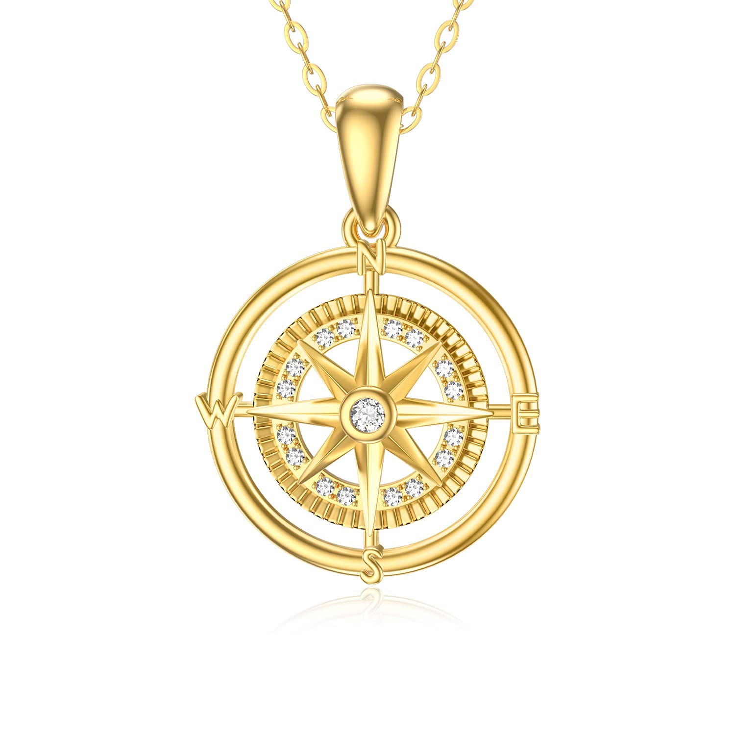 SISGEM 14K Real Gold Compass Pendant Necklace for Women,Yellow Gold Small Compass Dainty Necklace with Cubic Zirconia Graduation Birthday Present for Wife Mom,16+2 Inch