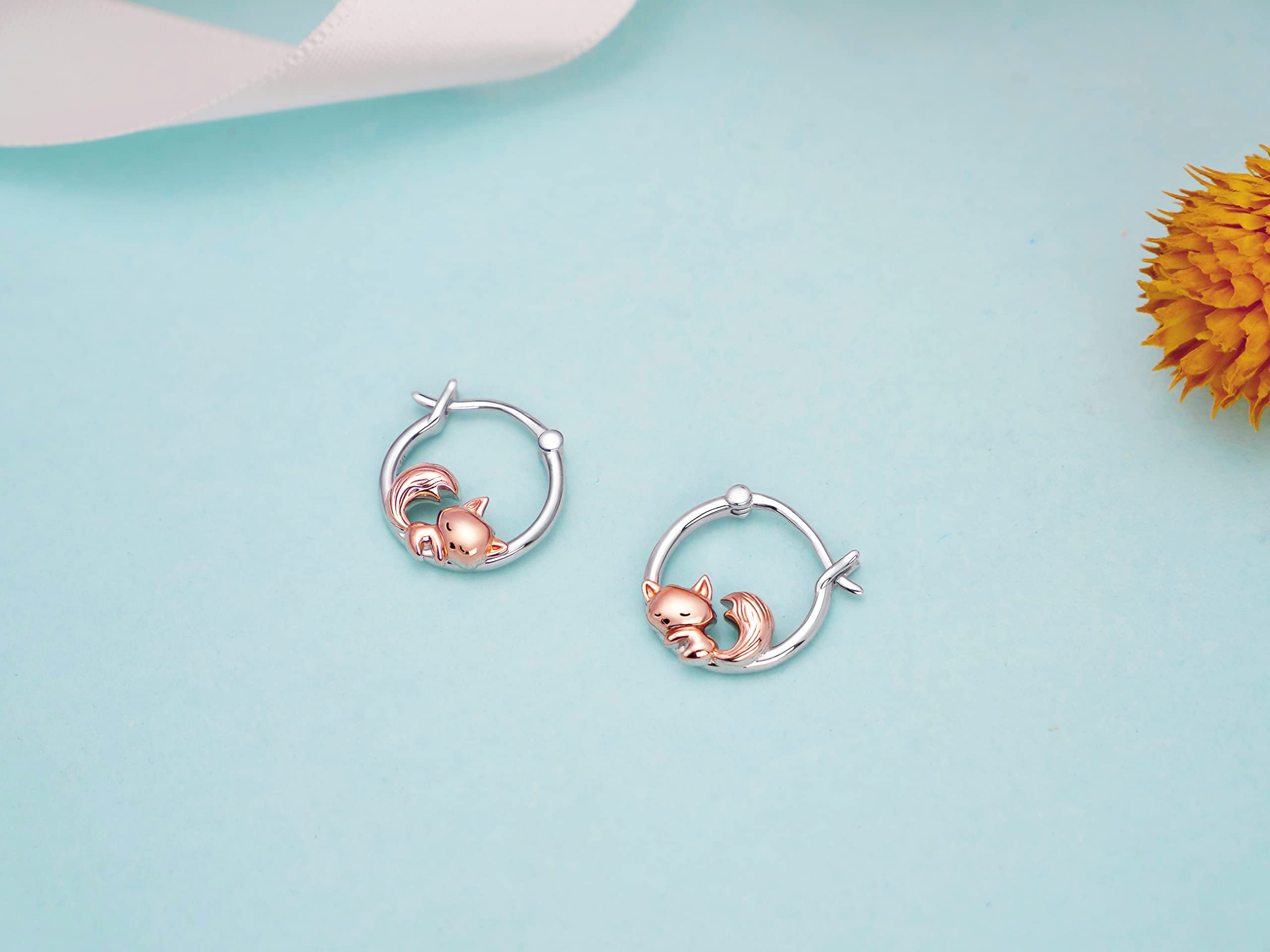 Mothers Day Gifts Fox Earrings 925 Sterling Silver Cute Little Fox Hoop Earrings Fox Jewelry Gifts for Women Friends