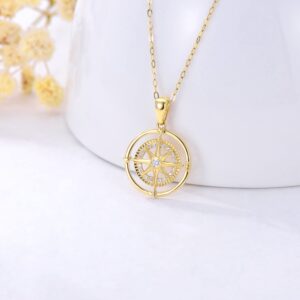 SISGEM 14K Real Gold Compass Pendant Necklace for Women,Yellow Gold Small Compass Dainty Necklace with Cubic Zirconia Graduation Birthday Present for Wife Mom,16+2 Inch