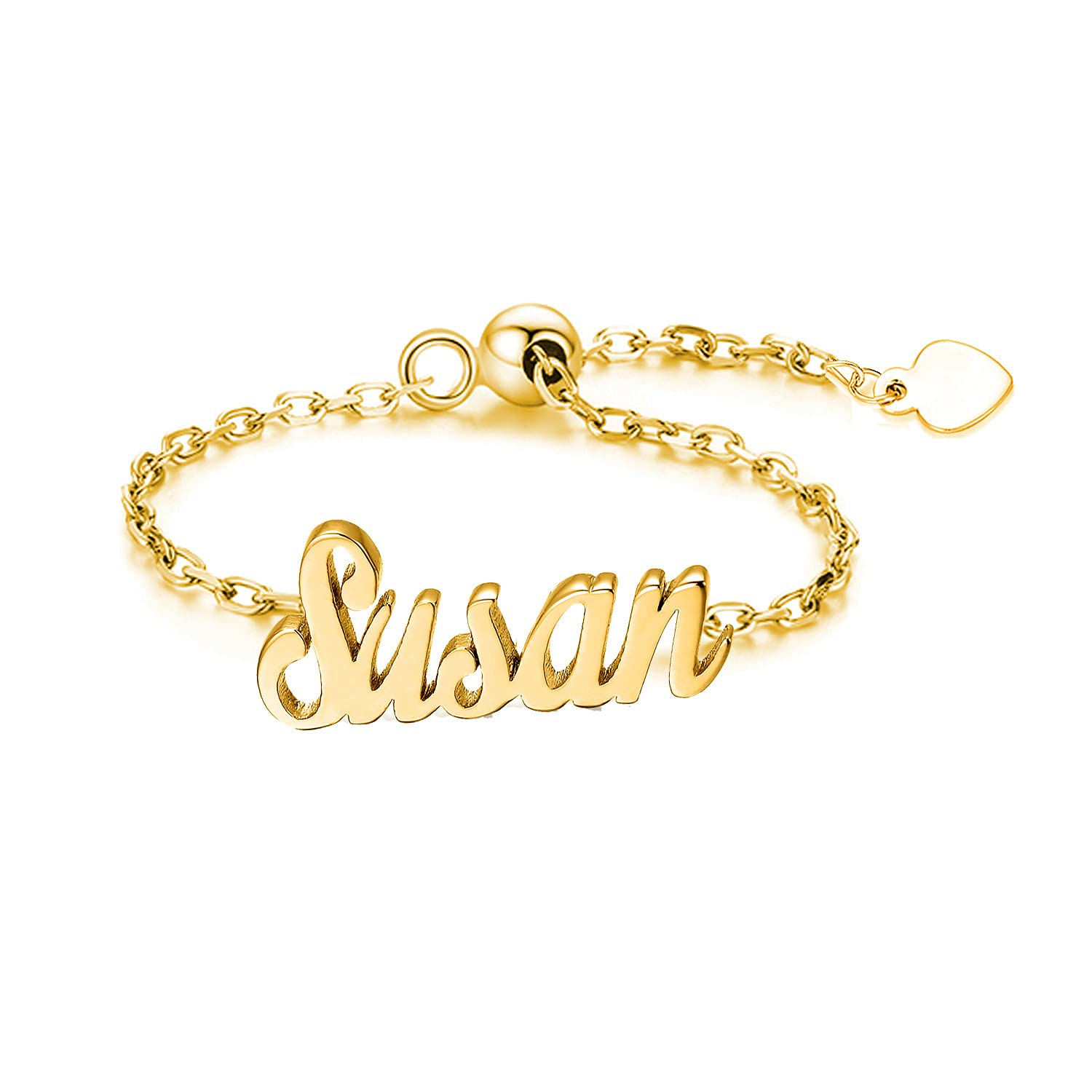 Name Ring Personalized, Custom Name Chain Ring Initial Letter Stacking Ring Gift for Women (Yellow Gold Color, 18K Gold Plated Copper)