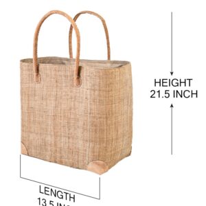 Serene Spaces Living Handmade Bohemian Raffia Tote Bag with Braid Handles, Beach Raffia Tote Bag, Summer Travel Handbag, Madagascar Fashion Tote for Women, Measures 13.5" Long, 6" Wide & 21.5" Tall