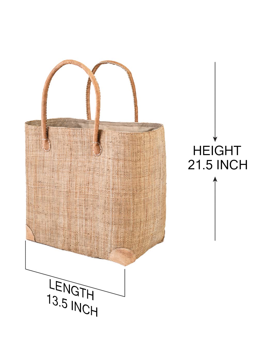 Serene Spaces Living Handmade Bohemian Raffia Tote Bag with Braid Handles, Beach Raffia Tote Bag, Summer Travel Handbag, Madagascar Fashion Tote for Women, Measures 13.5" Long, 6" Wide & 21.5" Tall