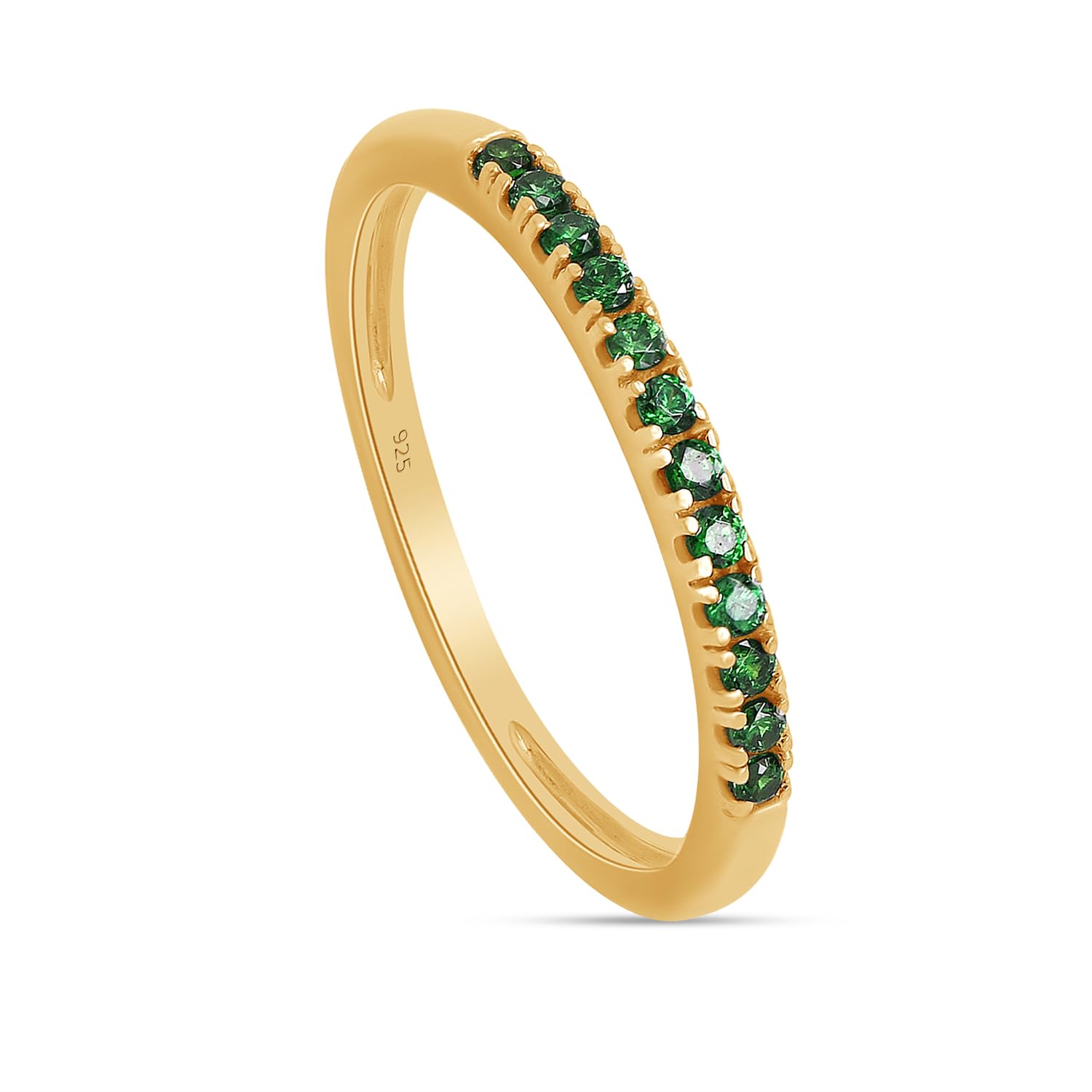 AFFY Round Cut Simulated Green Emerald Stackable Anniversary Wedding Band Ring In 14K Yellow Gold Plated 925 Sterling Silver Ring For Women Ring Size-8.5