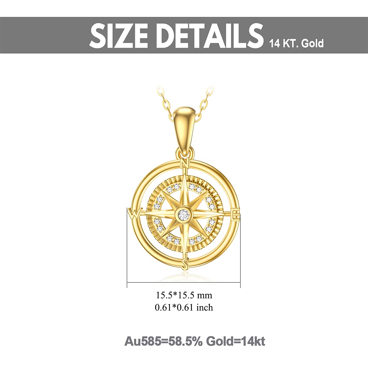 SISGEM 14K Real Gold Compass Pendant Necklace for Women,Yellow Gold Small Compass Dainty Necklace with Cubic Zirconia Graduation Birthday Present for Wife Mom,16+2 Inch