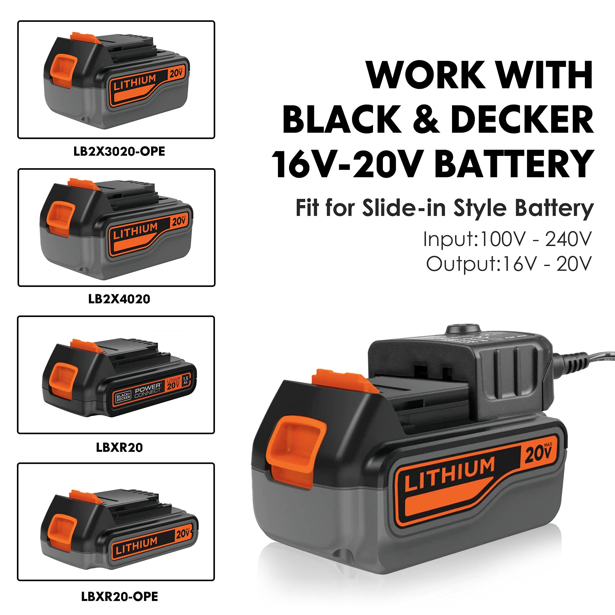 LCS1620 Charger Replacement for Black and Decker 20V Lithium-ion Fast Battery Charger Compatible with Black & Decker 16V 20V Li-ion Battery LBXR20 LBX20 LBX4020 LB2X4020