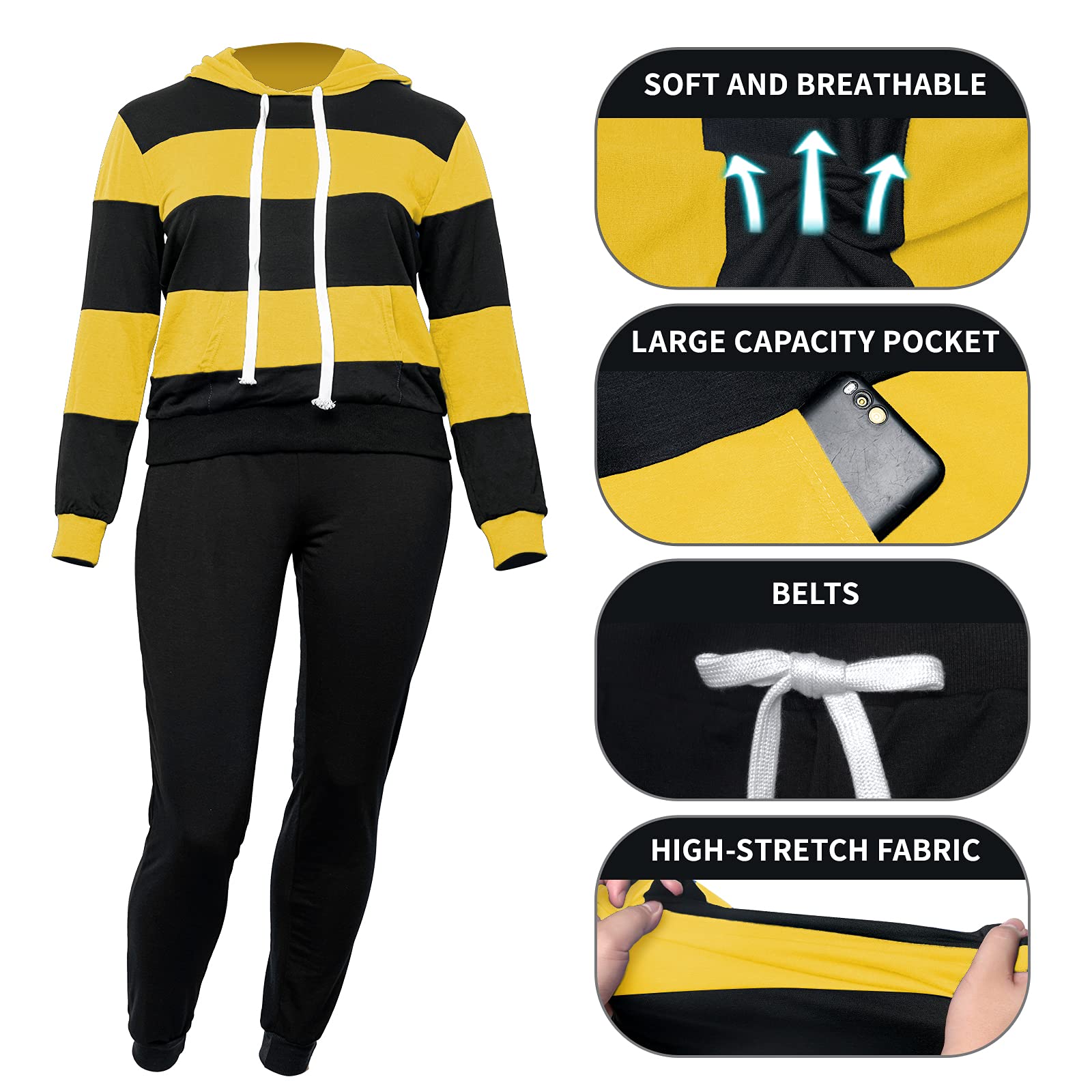 Runwind Two Piece Outfits for Women - Hoodie 4 Piece Jogging Suits with Pockets Yellow Large