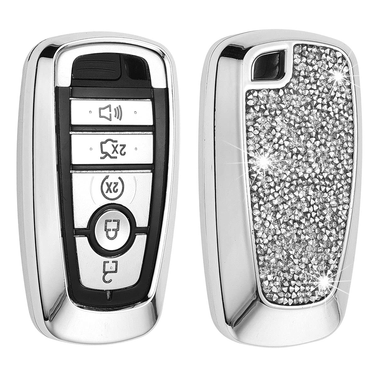 Royalfox 3 4 5 Buttons 3D Bling Diamonds Smart keyless Entry Remote Key Fob case Cover for 2017 2018 Ford Mustang Explorer Edge Fusion F150 F250 F350 F450 F550 (Silver)