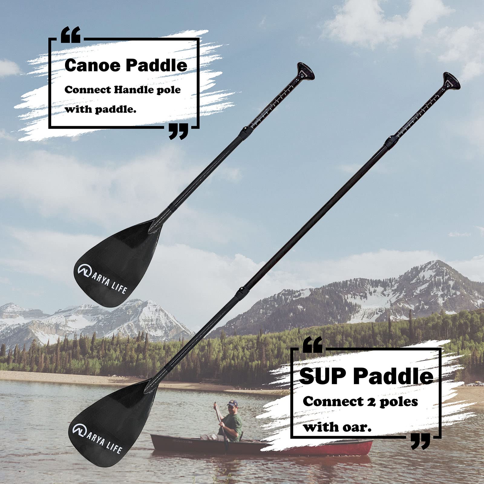 Arya Life 3 Piece SUP Paddle, Canoe Paddle with Fiberglass Blade, Adjustable Carbon Fiber Shaft, 70-86 Inches, Black