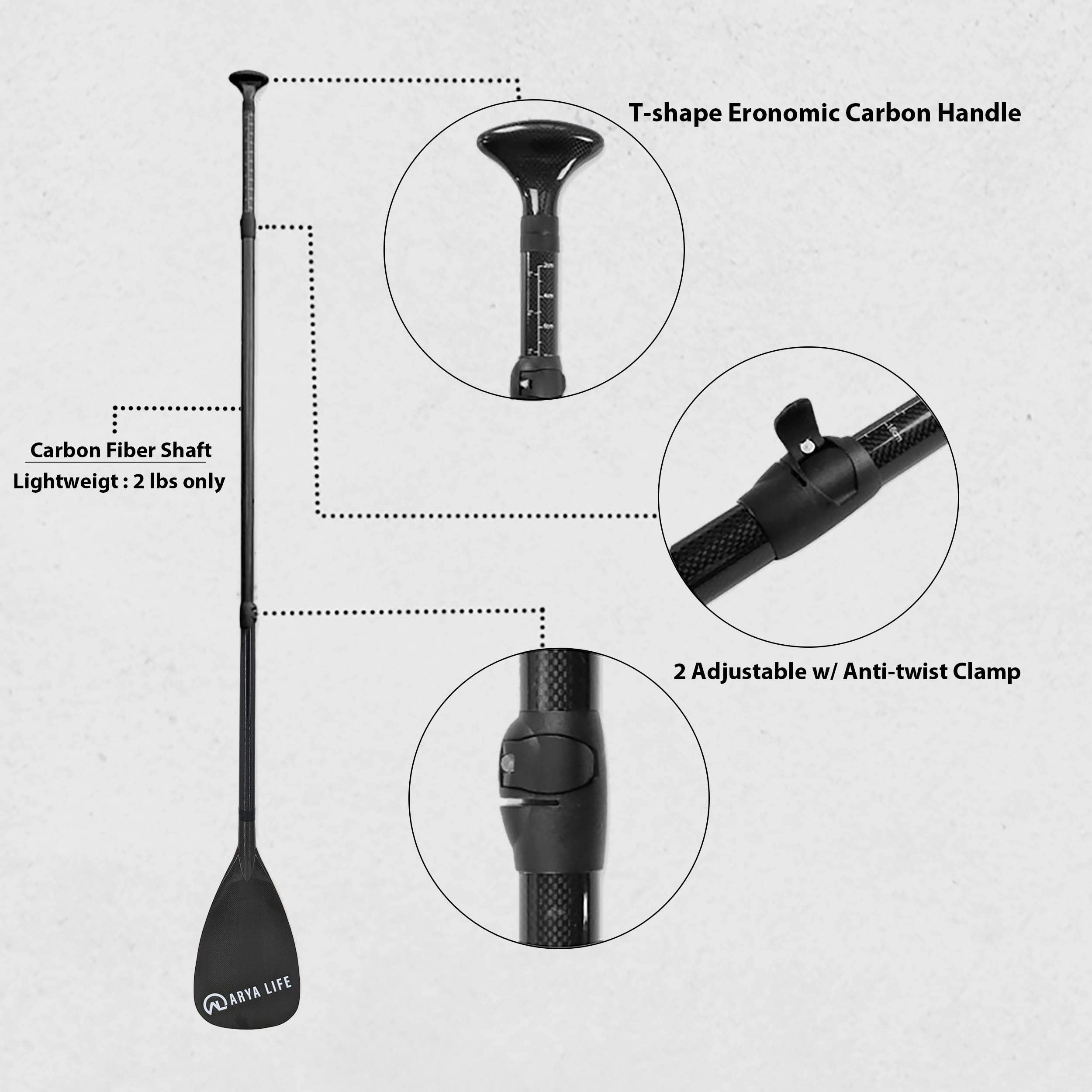 Arya Life 3 Piece SUP Paddle, Canoe Paddle with Fiberglass Blade, Adjustable Carbon Fiber Shaft, 70-86 Inches, Black