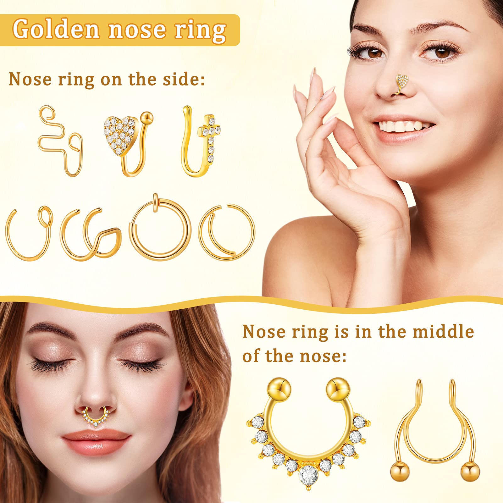 Junkin 12 Pieces nose ring chain Jewelry Stainless Steel Nose Chain Nose Cuff Fake Septum Fake Nose Ring Hoop Fake Septum Ring Non Piercing Nose Rings Gold for Women and Men