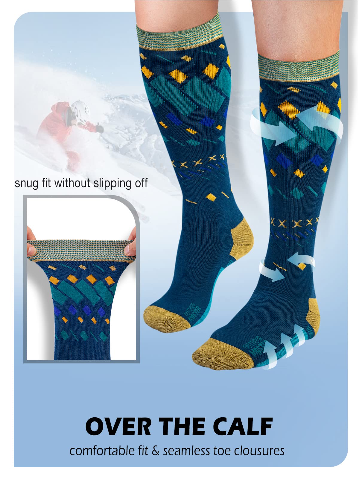 OutdoorMaster Unisex Ski Socks,Skiing and Snowboarding Socks for Men & Women with Over the Calf Design/Non-Slip Cuff