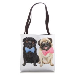 fawn pug black pug blue & pink bow tote bag