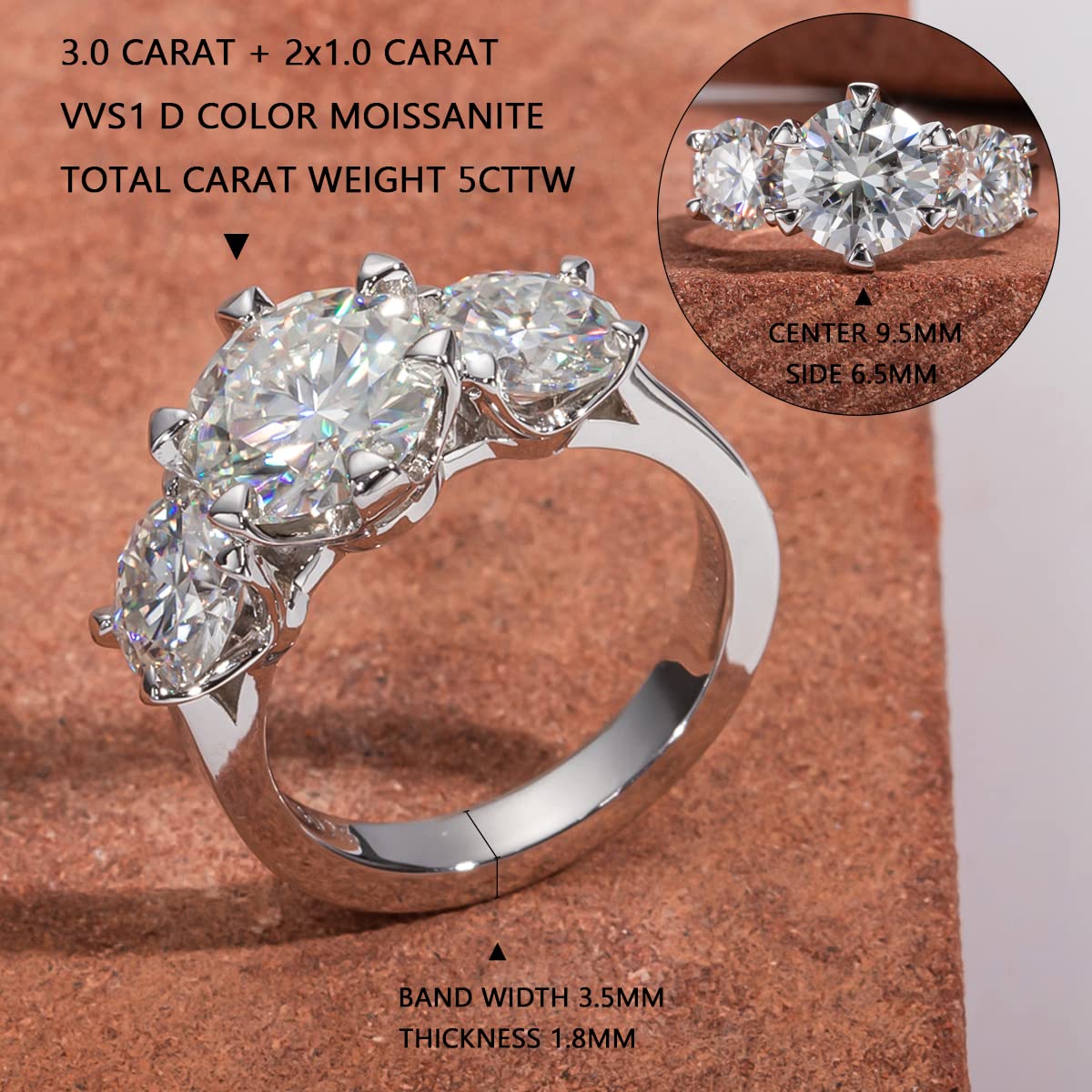 CannyCat 3 Stone Moissanite Ring for Women 5cttw 3 carat 9.5mm Certified Moissanite Diamond with Side 1 carat 6.5mm D color VVS Brilliant Platinum Plated Silver Anniversary Engagement Wide Band (7)