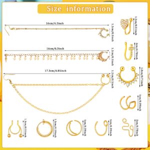 Junkin 12 Pieces nose ring chain Jewelry Stainless Steel Nose Chain Nose Cuff Fake Septum Fake Nose Ring Hoop Fake Septum Ring Non Piercing Nose Rings Gold for Women and Men