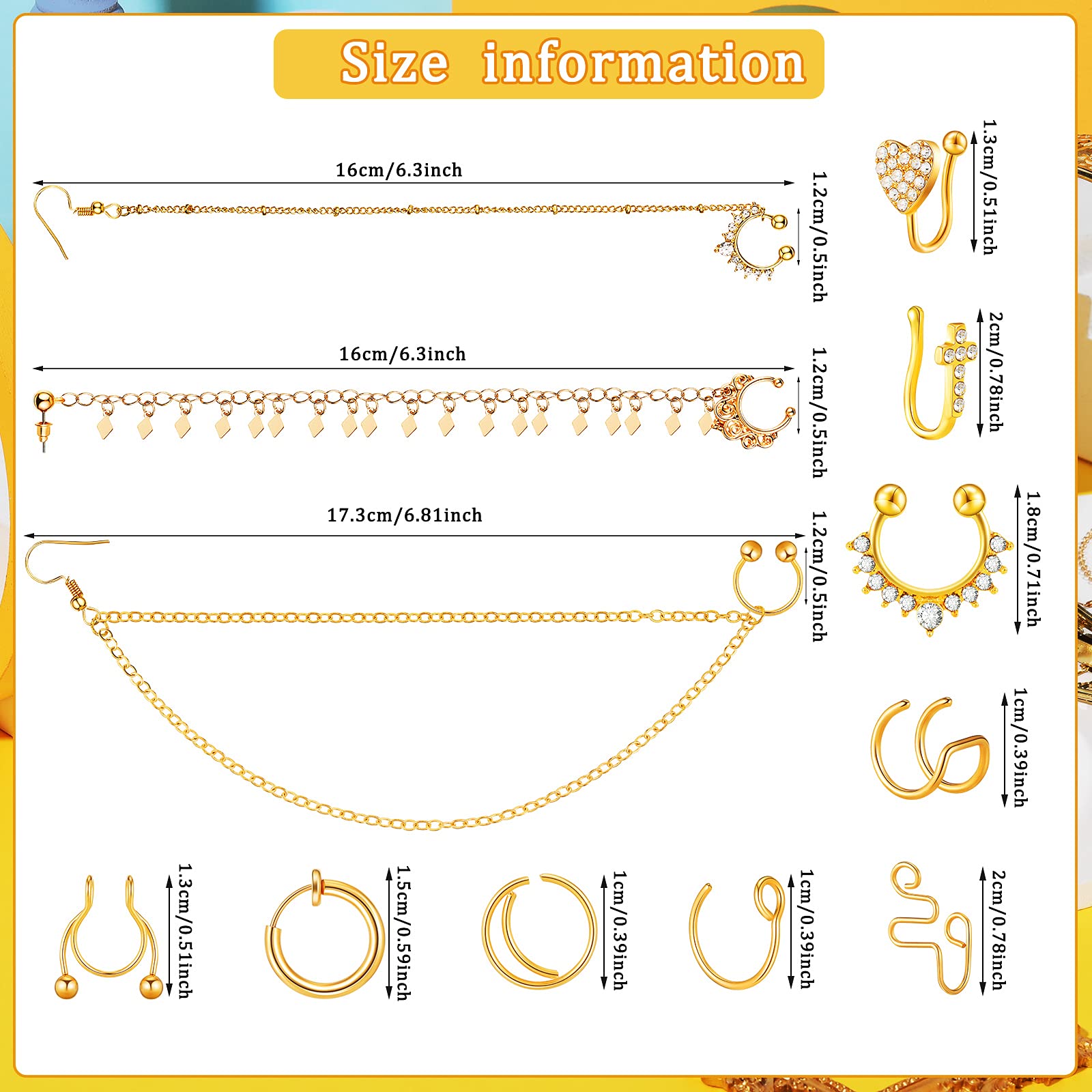 Junkin 12 Pieces nose ring chain Jewelry Stainless Steel Nose Chain Nose Cuff Fake Septum Fake Nose Ring Hoop Fake Septum Ring Non Piercing Nose Rings Gold for Women and Men