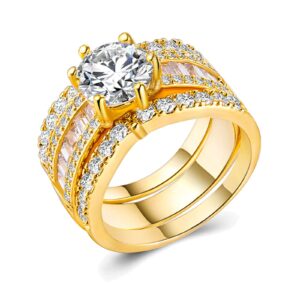 ahloe jewelry 2.3ct wedding rings for women engagement ring set bands 18k yellow gold three in one cz 3pcs size 8