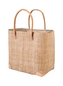 serene spaces living handmade bohemian raffia tote bag with braid handles, beach raffia tote bag, summer travel handbag, madagascar fashion tote for women, measures 13.5" long, 6" wide & 21.5" tall