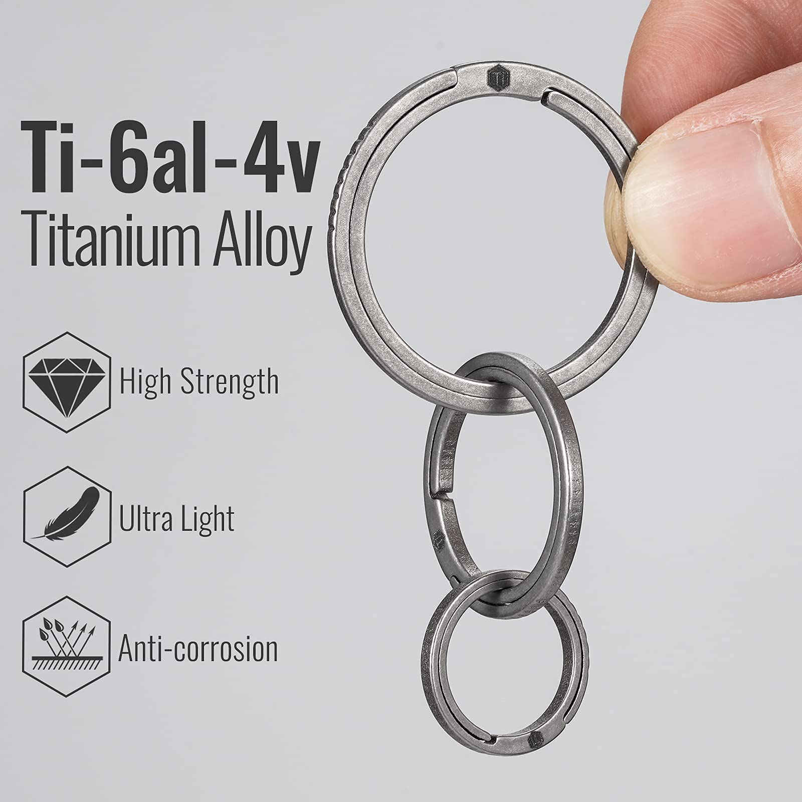 KeyUnity KA02 Titanium Flat Key Rings, 33/25/17.5mm Side Pushing Split Ring for Key Carabiner Flashlight Knife Dog ID Collar Tag (1L+1M+1S)