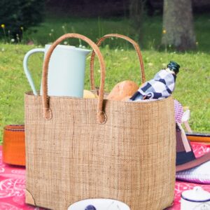 Serene Spaces Living Handmade Bohemian Raffia Tote Bag with Braid Handles, Beach Raffia Tote Bag, Summer Travel Handbag, Madagascar Fashion Tote for Women, Measures 13.5" Long, 6" Wide & 21.5" Tall