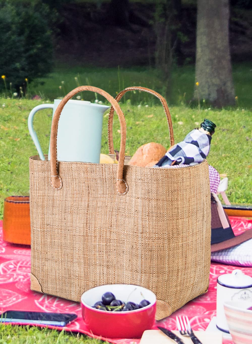 Serene Spaces Living Handmade Bohemian Raffia Tote Bag with Braid Handles, Beach Raffia Tote Bag, Summer Travel Handbag, Madagascar Fashion Tote for Women, Measures 13.5" Long, 6" Wide & 21.5" Tall