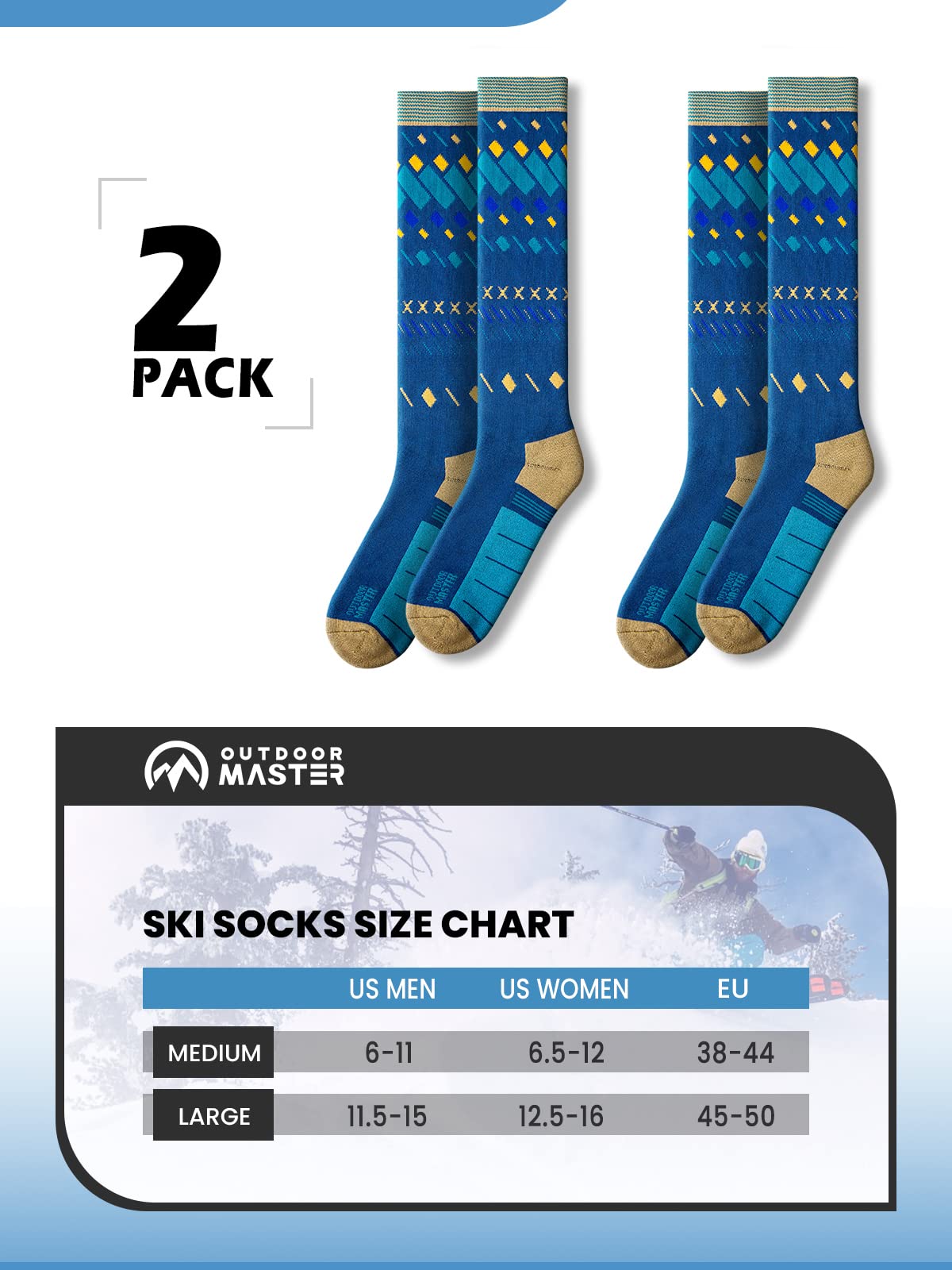 OutdoorMaster Unisex Ski Socks,Skiing and Snowboarding Socks for Men & Women with Over the Calf Design/Non-Slip Cuff