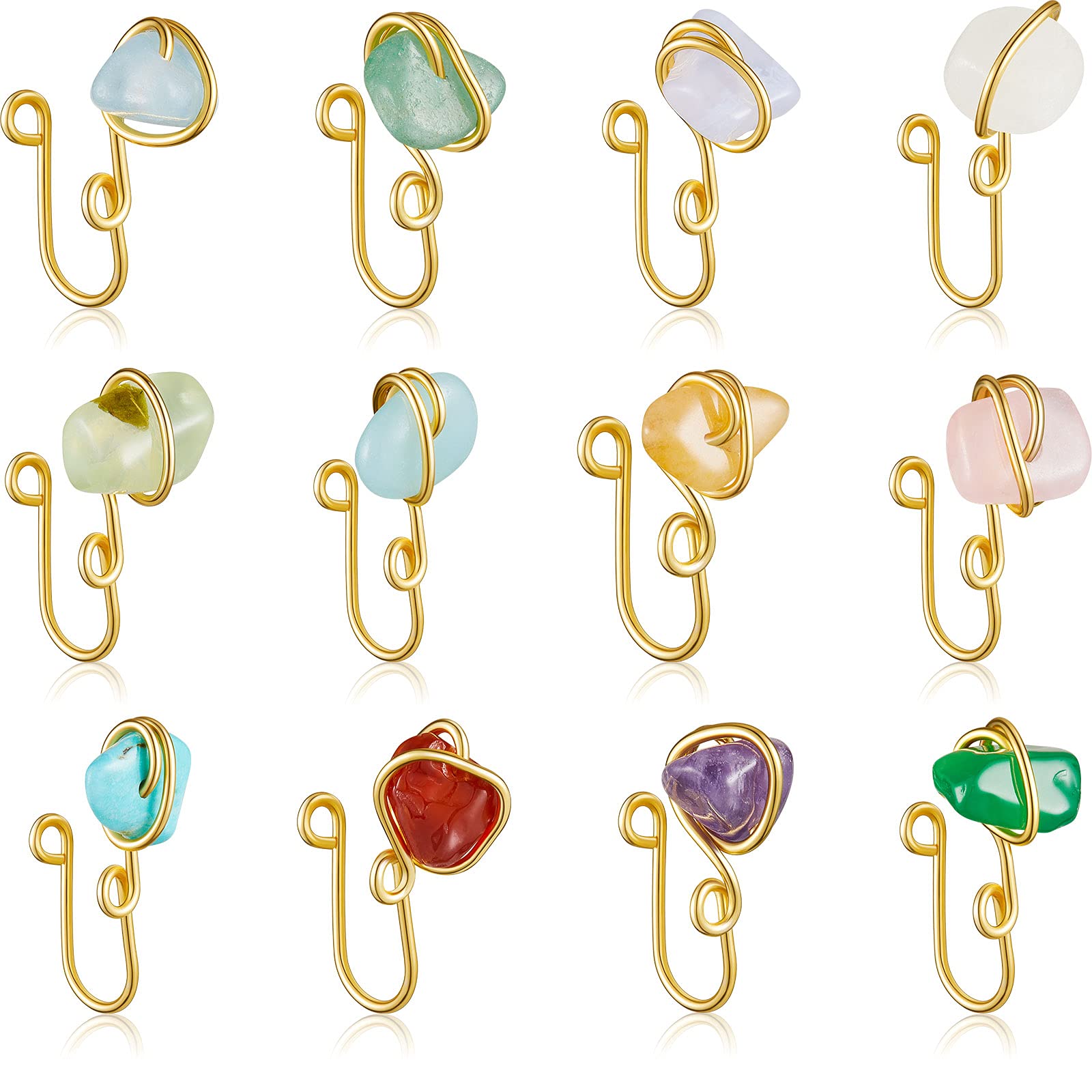 MTLEE 12 Pieces Crystal Stone Nose Cuff Rings African Nose Cuff Fake Nose Rings Adjustball Non Piercing African Rings for Women Men