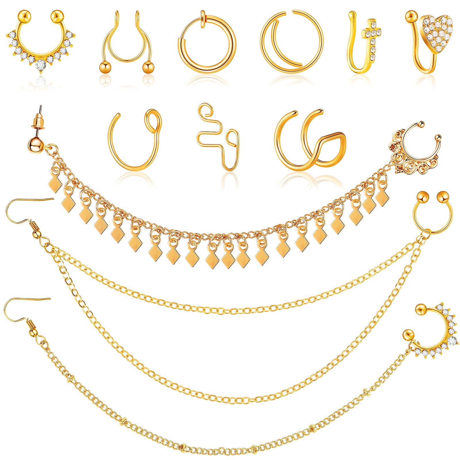 Junkin 12 Pieces nose ring chain Jewelry Stainless Steel Nose Chain Nose Cuff Fake Septum Fake Nose Ring Hoop Fake Septum Ring Non Piercing Nose Rings Gold for Women and Men