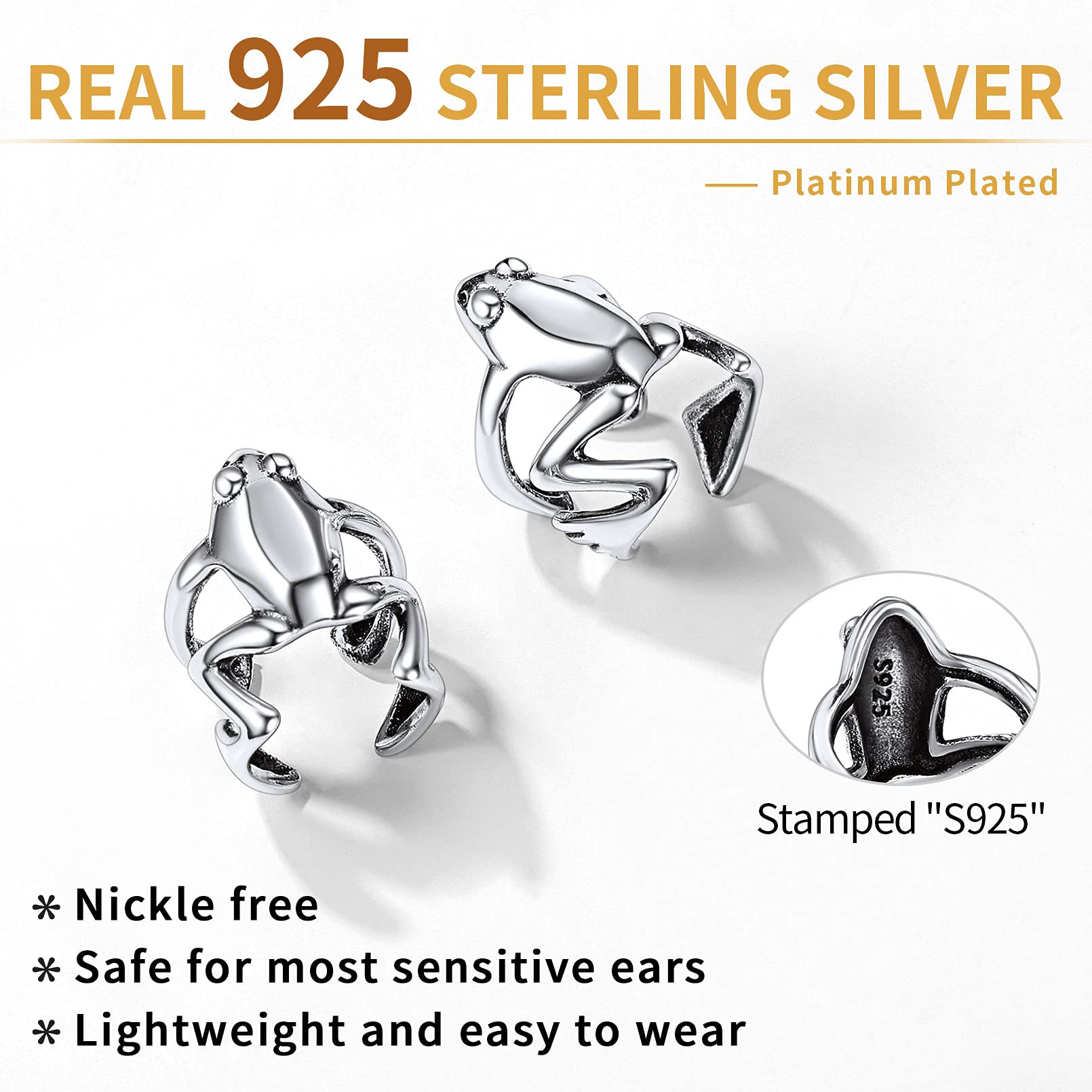 ChicSilver Women Ear Cuff Earrings 925 Sterling Silver Tree Frog Non-Piercing Cuff Ear Clip Earrings Punk Gothic Jumping Frog Animal Wrap Fake Cartilage Earrings