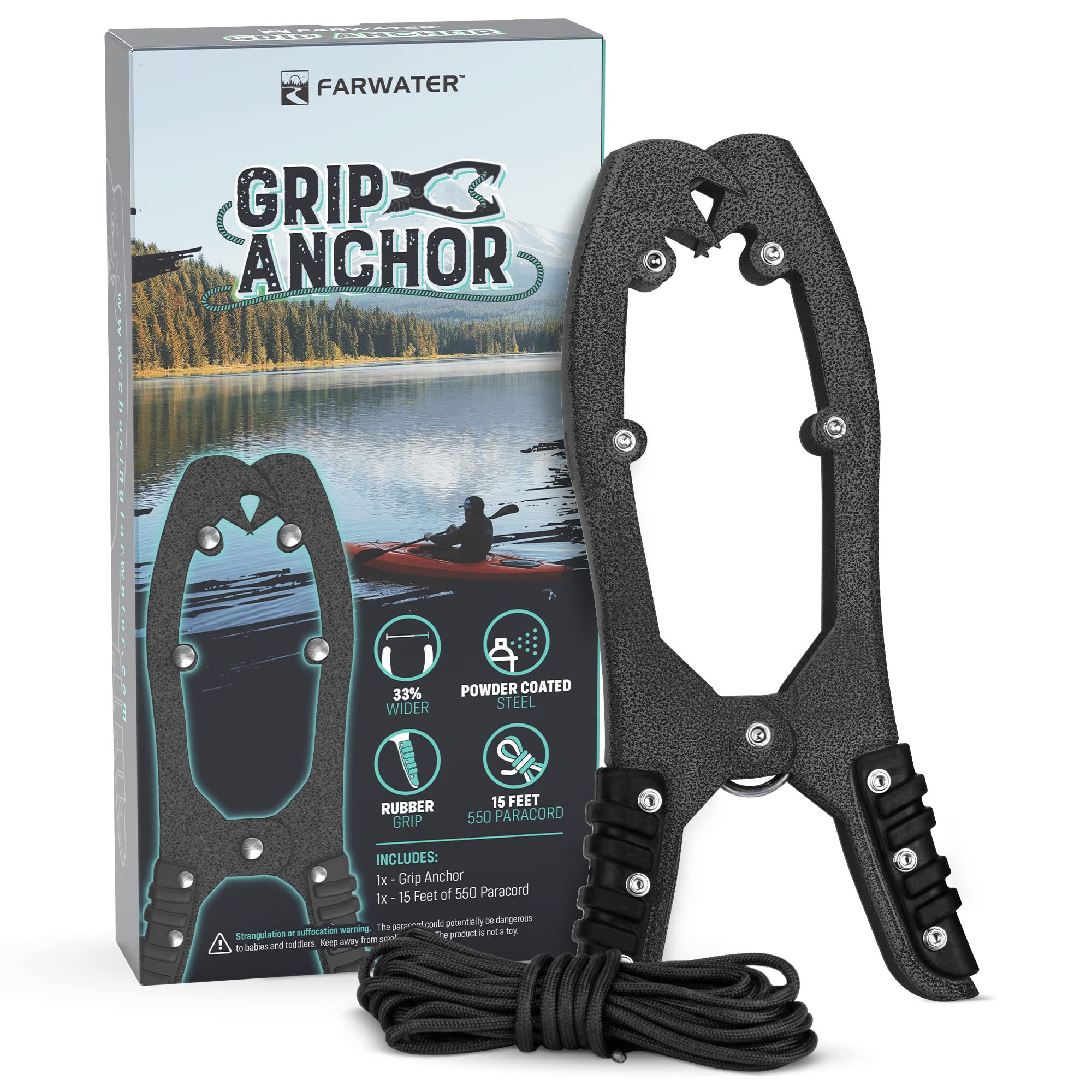 FARWATER Canoe Anchor Grip - Boat, Float Tube & Kayak Fishing Accessories, Kayaking Equipment - Brush Clamp Anchor with Teeth - Gripper with 15ft Paracord - Rubber Grips - Coated Steel - Black