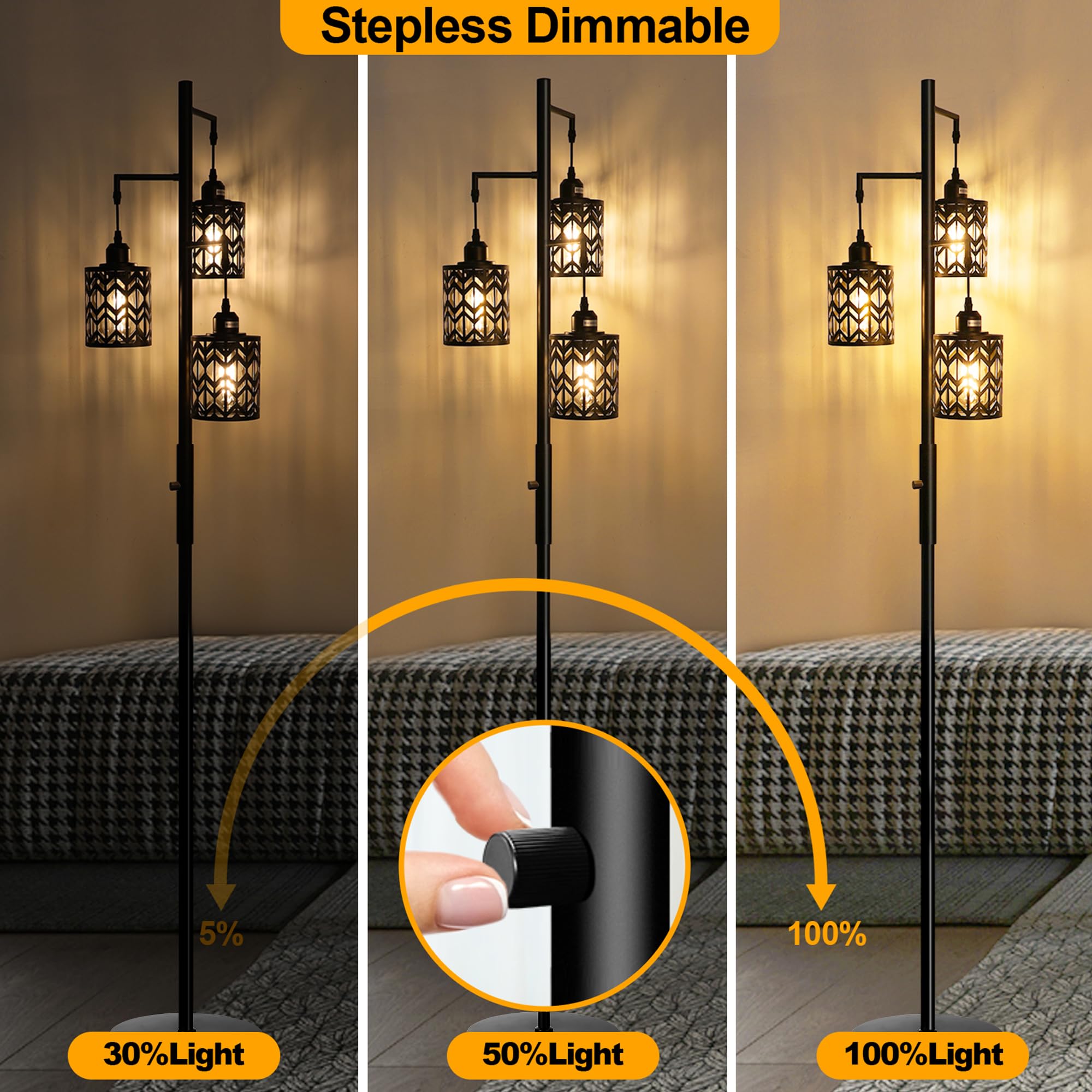 ROTTOGOON Dimmable Floor Lamp, Industrial Standing Floor lamp for Living Room, Tall Farmhouse Rustic lamp with 3 LED Bulbs, Tree Floor Lamp for Bedrooms, Living Room, Home Office, Metal, Black, 68"