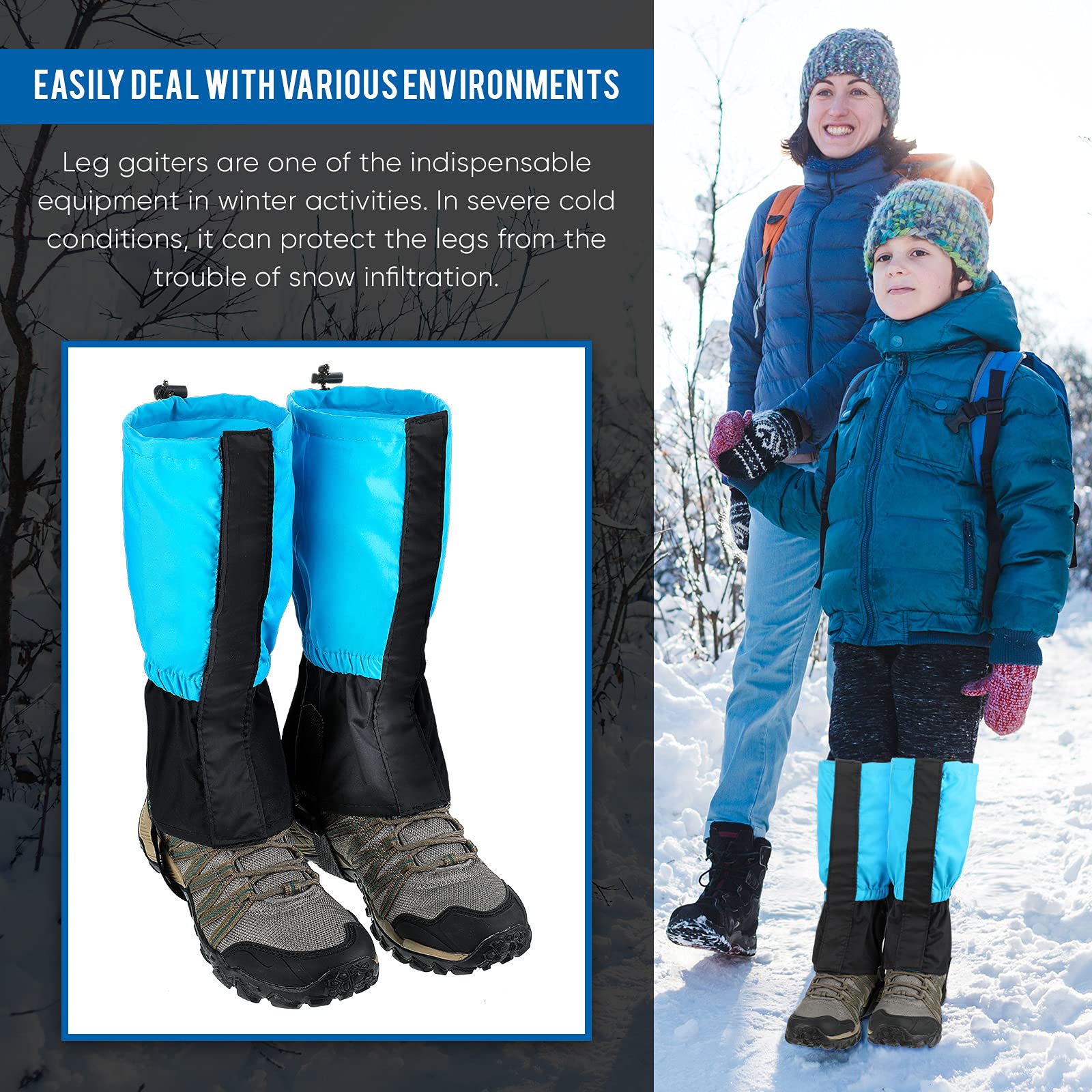 2 Pairs Waterproof Kids Leg Gaiters Adjustable Snow Boot Gaiters Protective Hiking Gaiters Sky Blue Navy Blue Leg Boot Gaiters for Girl Boy Outdoor Hiking Climbing Snowshoeing Children 5-12 Years Old