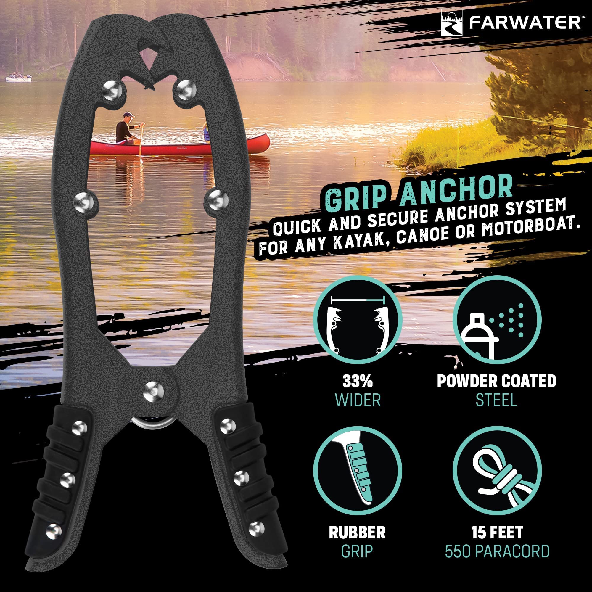 FARWATER Canoe Anchor Grip - Boat, Float Tube & Kayak Fishing Accessories, Kayaking Equipment - Brush Clamp Anchor with Teeth - Gripper with 15ft Paracord - Rubber Grips - Coated Steel - Black