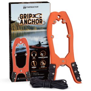 farwater canoe anchor grip - boat, float tube & kayak fishing accessories, kayaking equipment - brush clamp anchor with teeth - gripper with 15ft paracord - rubber grips - coated steel - matte orange