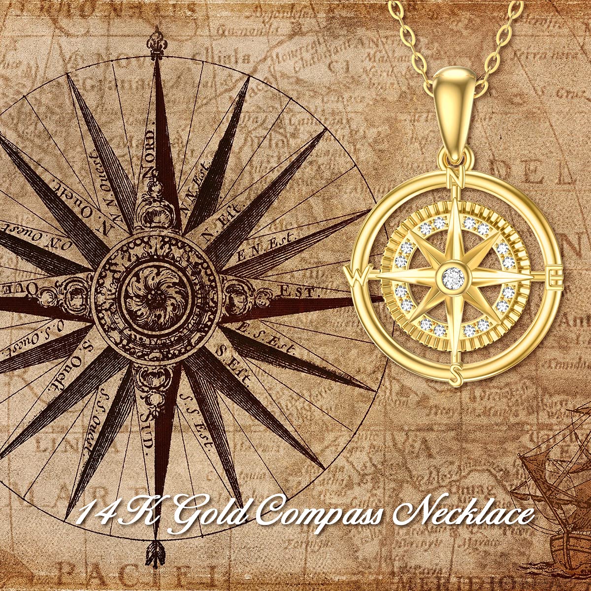 SISGEM 14K Real Gold Compass Pendant Necklace for Women,Yellow Gold Small Compass Dainty Necklace with Cubic Zirconia Graduation Birthday Present for Wife Mom,16+2 Inch