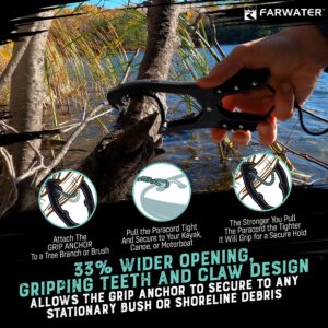 FARWATER Canoe Anchor Grip - Boat, Float Tube & Kayak Fishing Accessories, Kayaking Equipment - Brush Clamp Anchor with Teeth - Gripper with 15ft Paracord - Rubber Grips - Coated Steel - Black