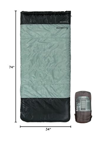 Klymit Wild Aspen Lightweight Rectangle Sleeping Bag, 20°F Sleeping Bag for Camping, Hiking, and Backpacking in Cold Weather, Green