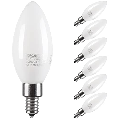 TORCHSTAR Dimmable E12 LED Candelabra Bulb, UL Listed, 60W Equivalent Chandelier Light Bulbs, 550LM, LED Filament Candle Bulb C11, Frosted Glass Ceiling Fan Light Bulbs, 4000K Cool White, Pack of 6