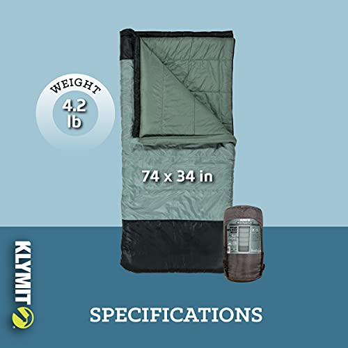 Klymit Wild Aspen Lightweight Rectangle Sleeping Bag, 20°F Sleeping Bag for Camping, Hiking, and Backpacking in Cold Weather, Green